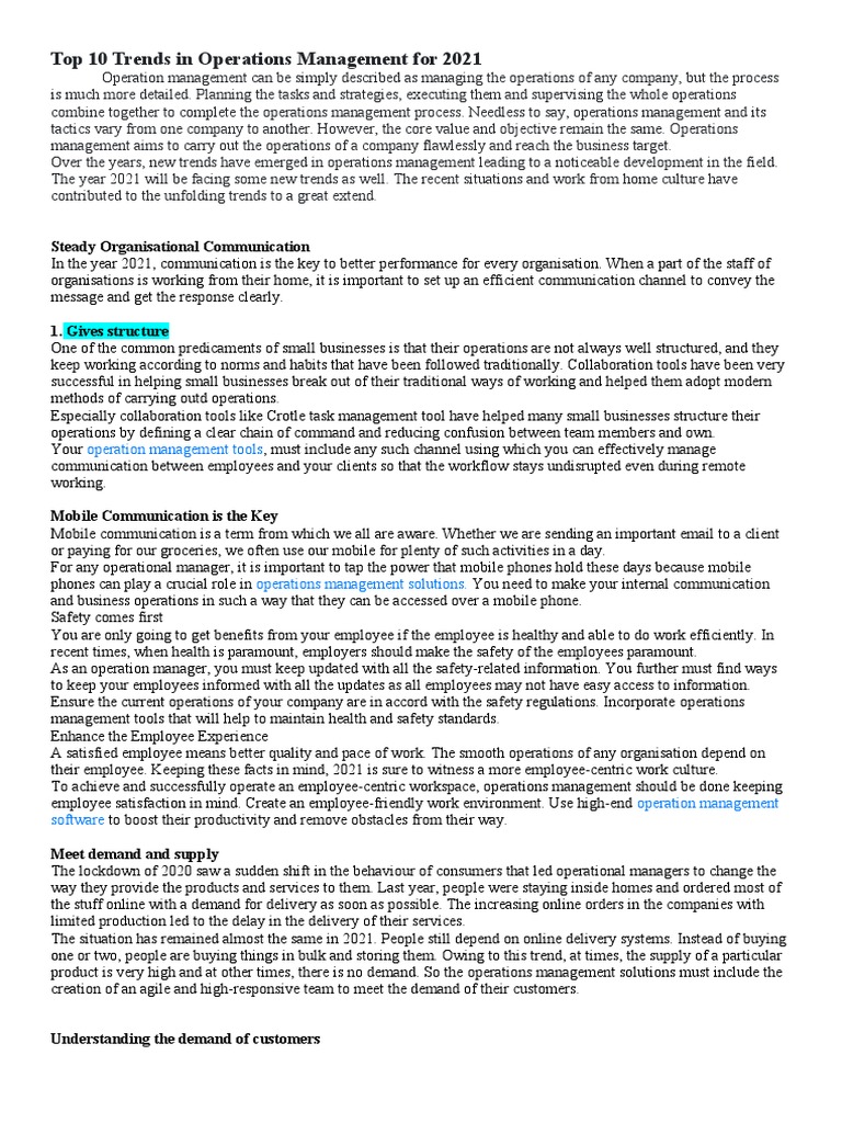 Trends On Operation Management | PDF | Employment | Customer