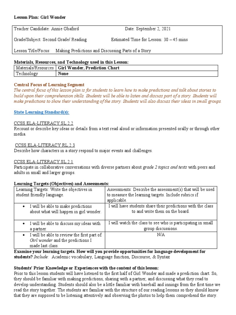 Predictions in Girl Wonder Reading Lesson | PDF | Pedagogy | Cognition