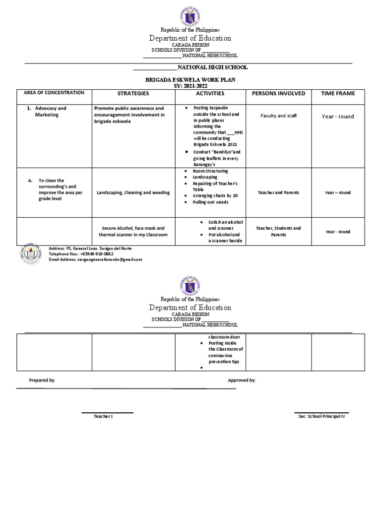 Brigada Eskwela Work Plan 2021-2022 | PDF