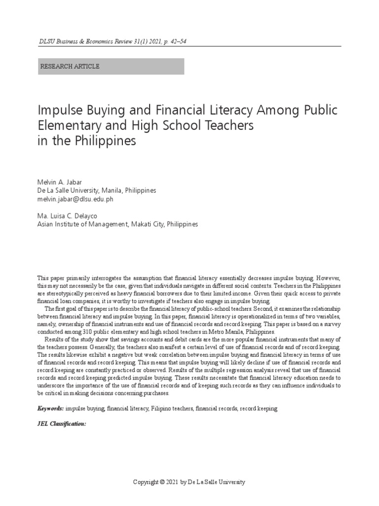 Impulse Buying and Financial Literacy Among Public Elementary and High ...