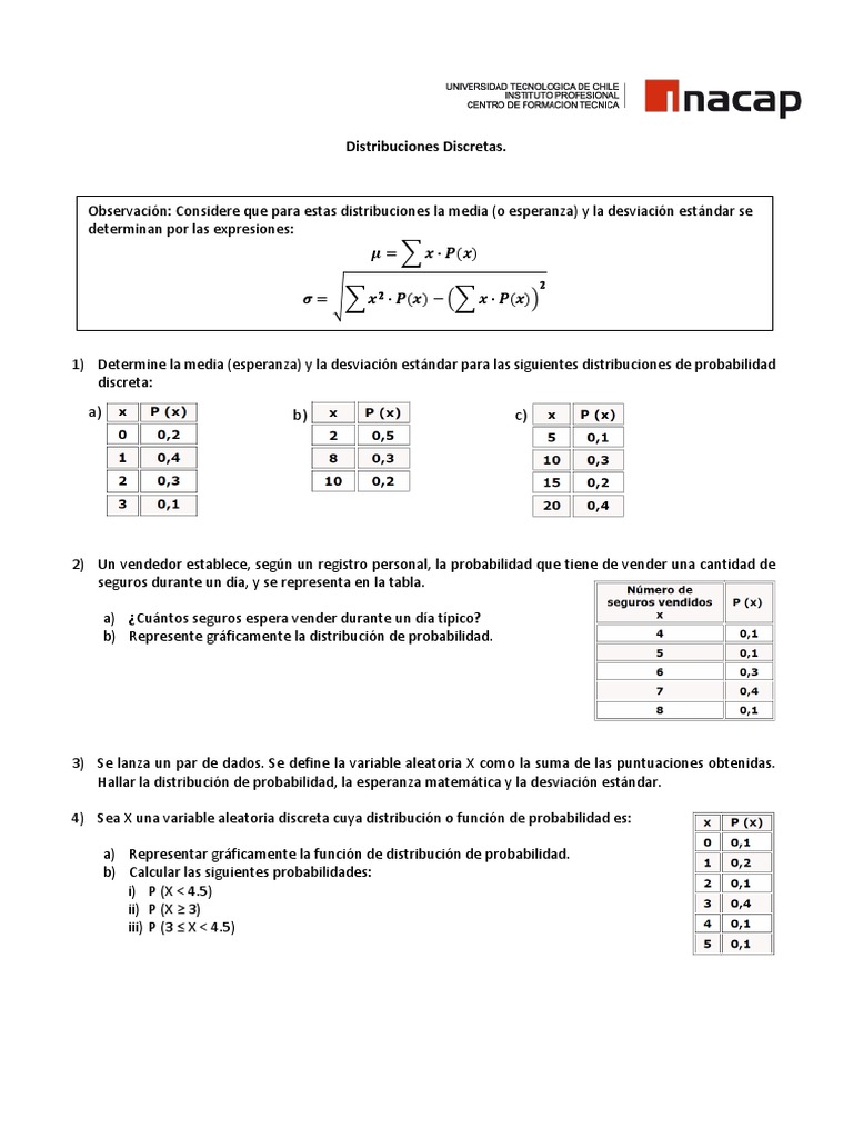 Guía 02 - Distribuciones de Probabilidad Discretas | PDF | Distribución de probabilidad ...
