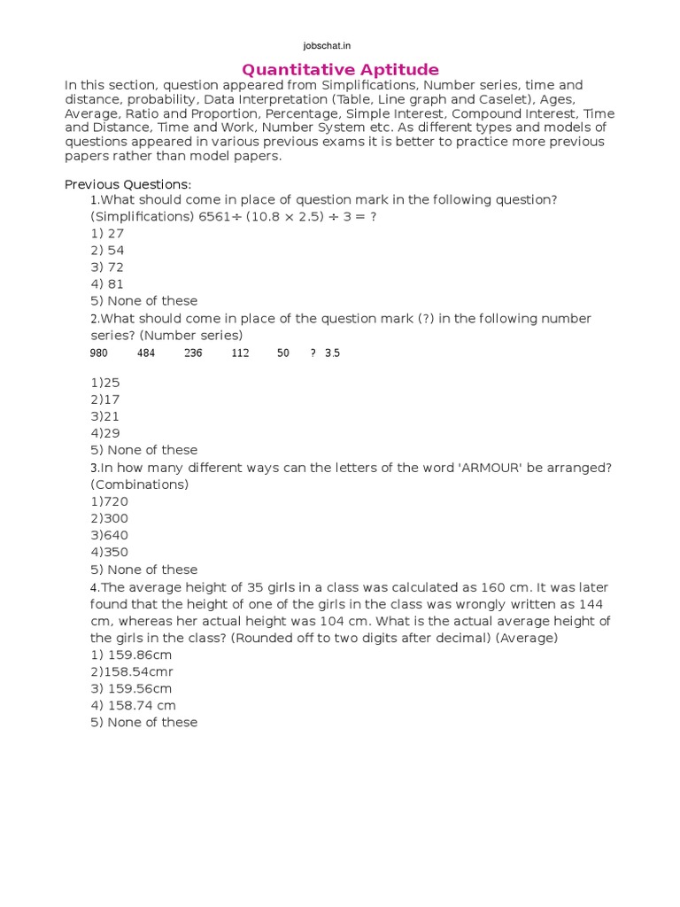 Quantitative Aptitude: Previous Questions | PDF