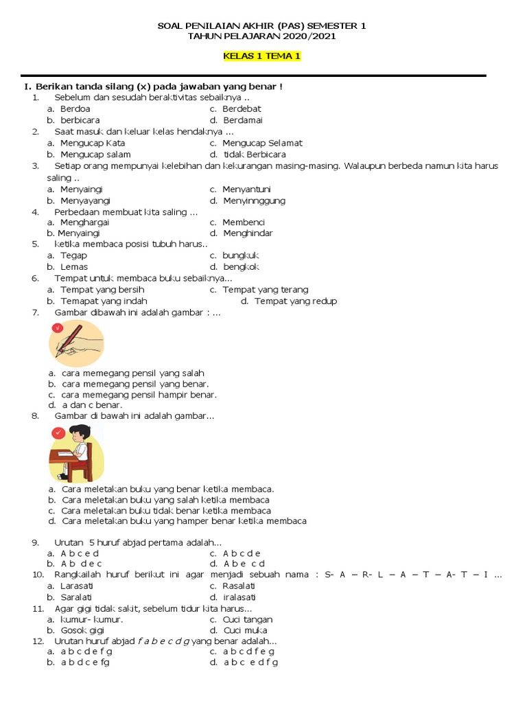 Soal PAS Kelas 1 Sem 1 - TEMA 1 - Kamimadrasah | PDF | Seni & Disiplin Bahasa | Seni