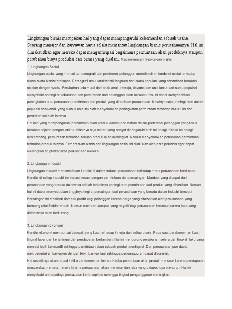 Lingkungan Bisnis Merupakan Hal Yang Dapat Mempengaruhi Keberhasilan Sebuah Usaha | PDF