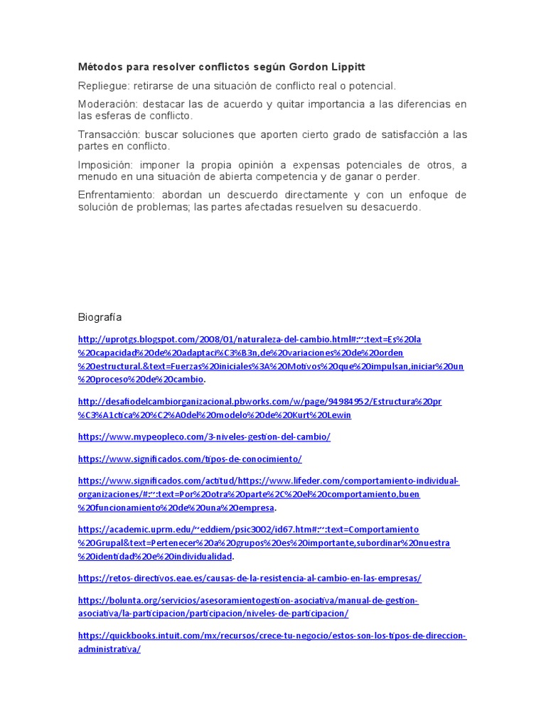 Métodos resolución conflictos Gordon Lippitt | PDF