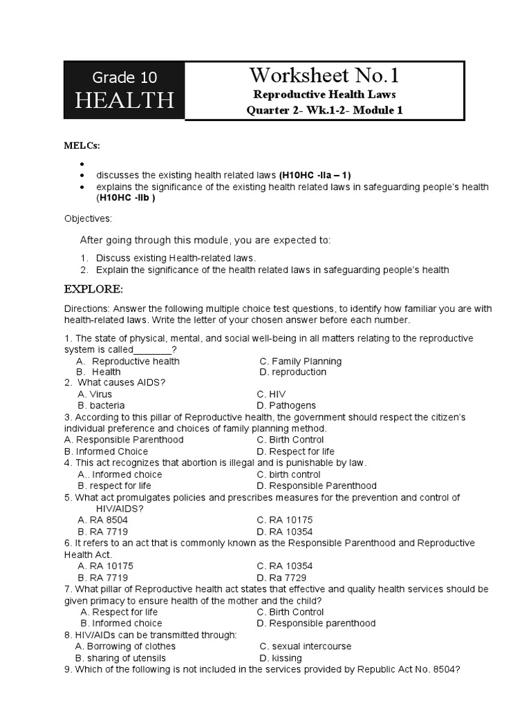 Health: Worksheet No.1 | PDF | Hiv/Aids | Reproductive Health
