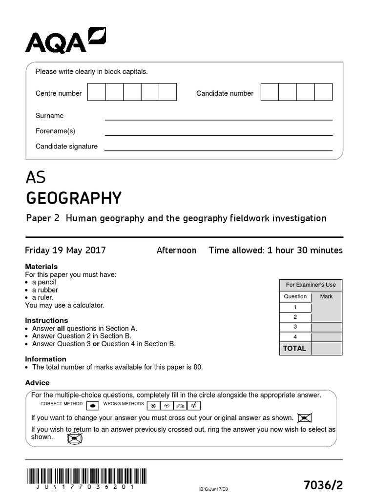 Geography: Paper 2 Human Geography and The Geography Fieldwork ...