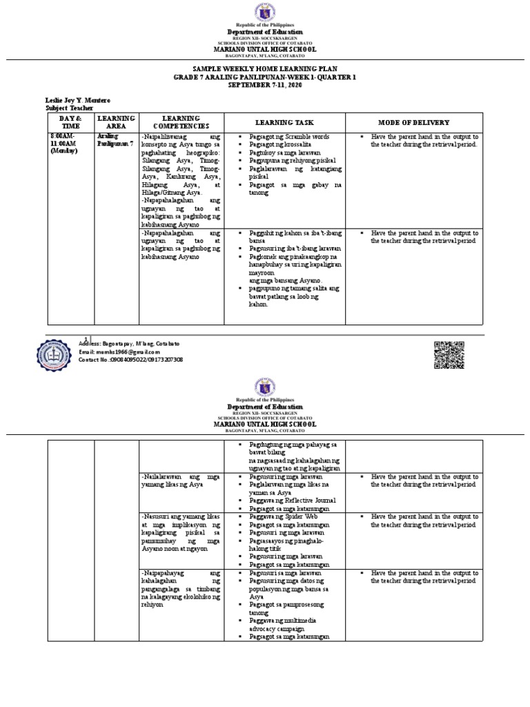 Weekly Home Learning Plan | PDF
