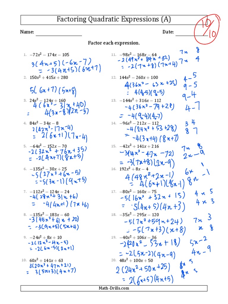 Algebra Worksheet - Factoring Quadratic Expressions With Positive or ...