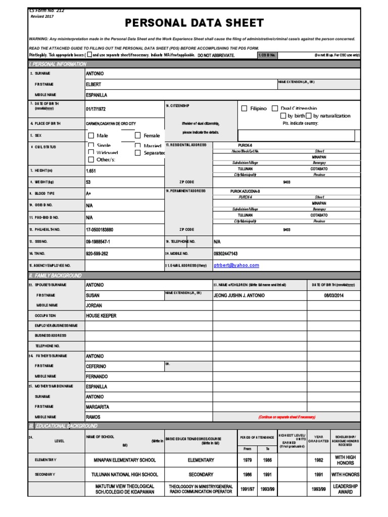 CS Form No. 212 Revised 2017 Sir ANTONIO | PDF | Crimes | Crime & Violence