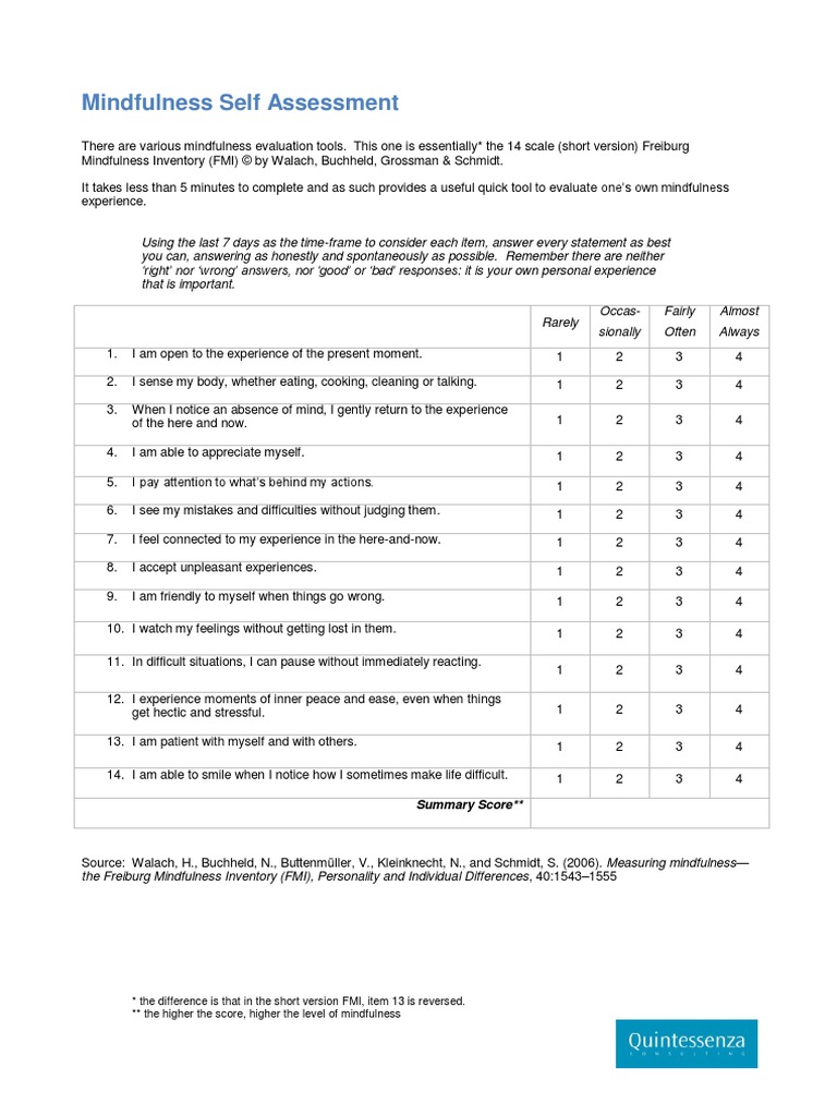 Self Assessment Mindfulness | PDF | Mindfulness | Psychology