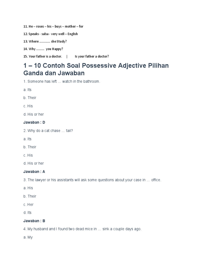 1 - 10 Contoh Soal Possessive Adjective Pilihan Ganda Dan Jawaban | PDF