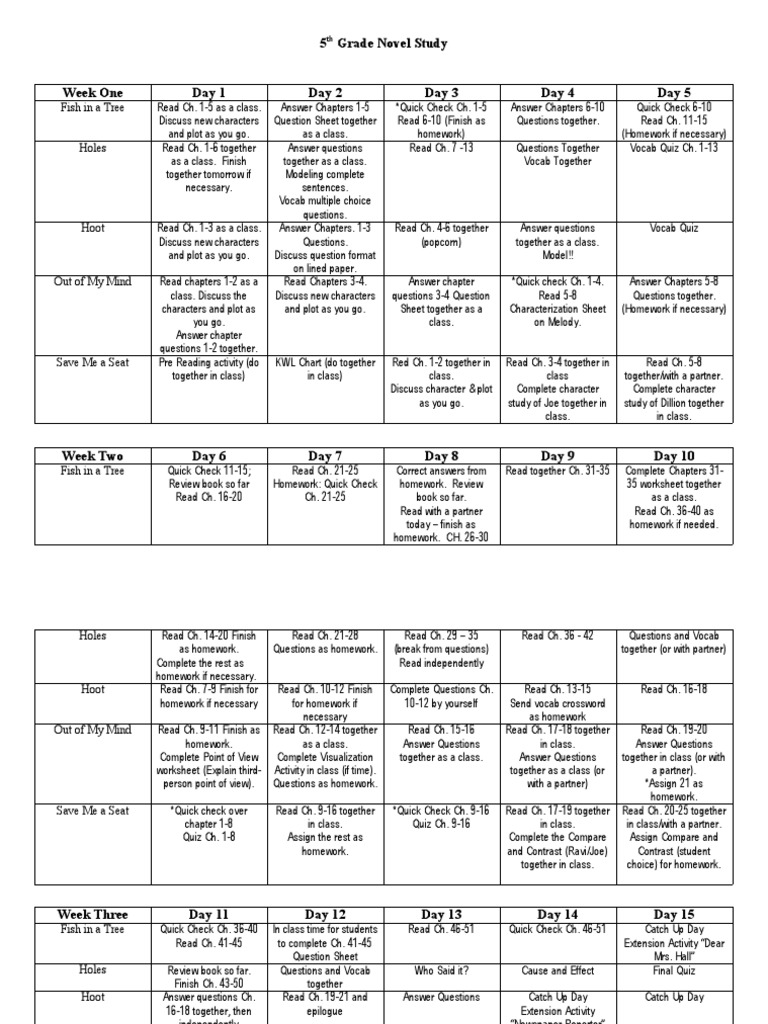 5th Grade Novel Study | PDF