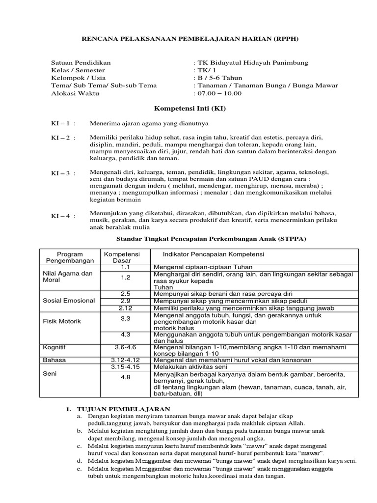 Rencana Pelaksanaan Pembelajaran Harian (RPPH) : Kompetensi Inti (KI) | PDF