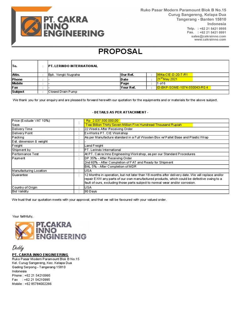 Closed Drain Pump Proposal | PDF | Pump | Pipe (Fluid Conveyance)