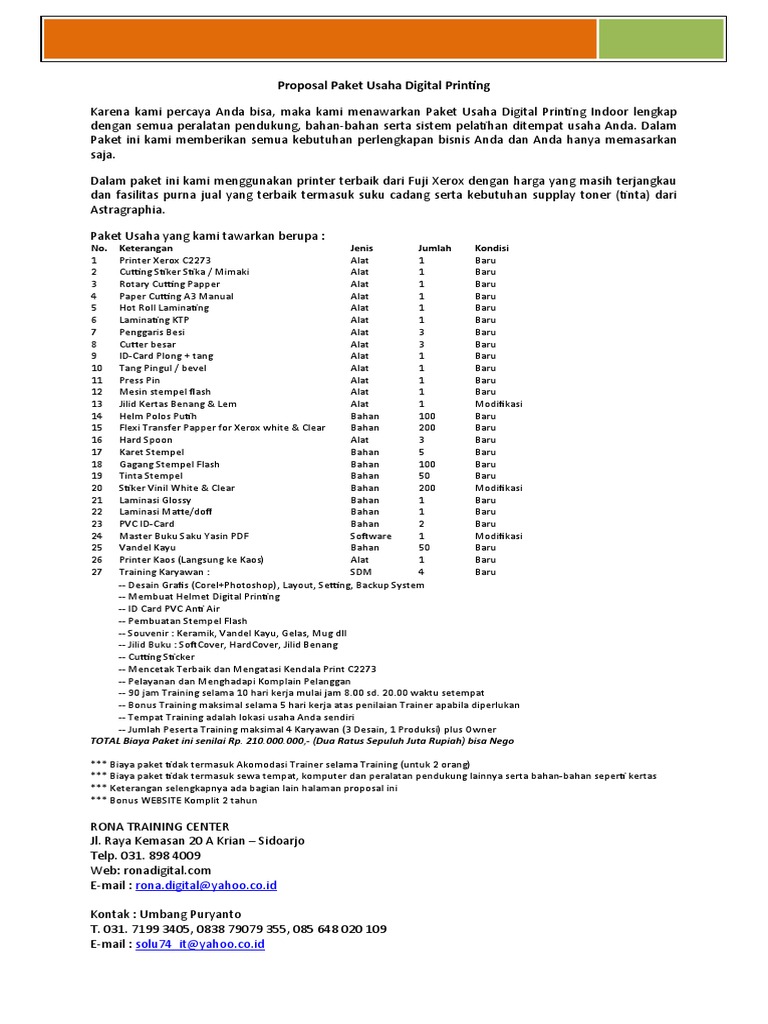 Proposal Paket Usaha Digital Printing 1 | PDF