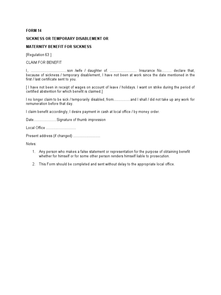 7 - ForM 14 - Sickness or Temporary Disablement or Maternity Benefit ...