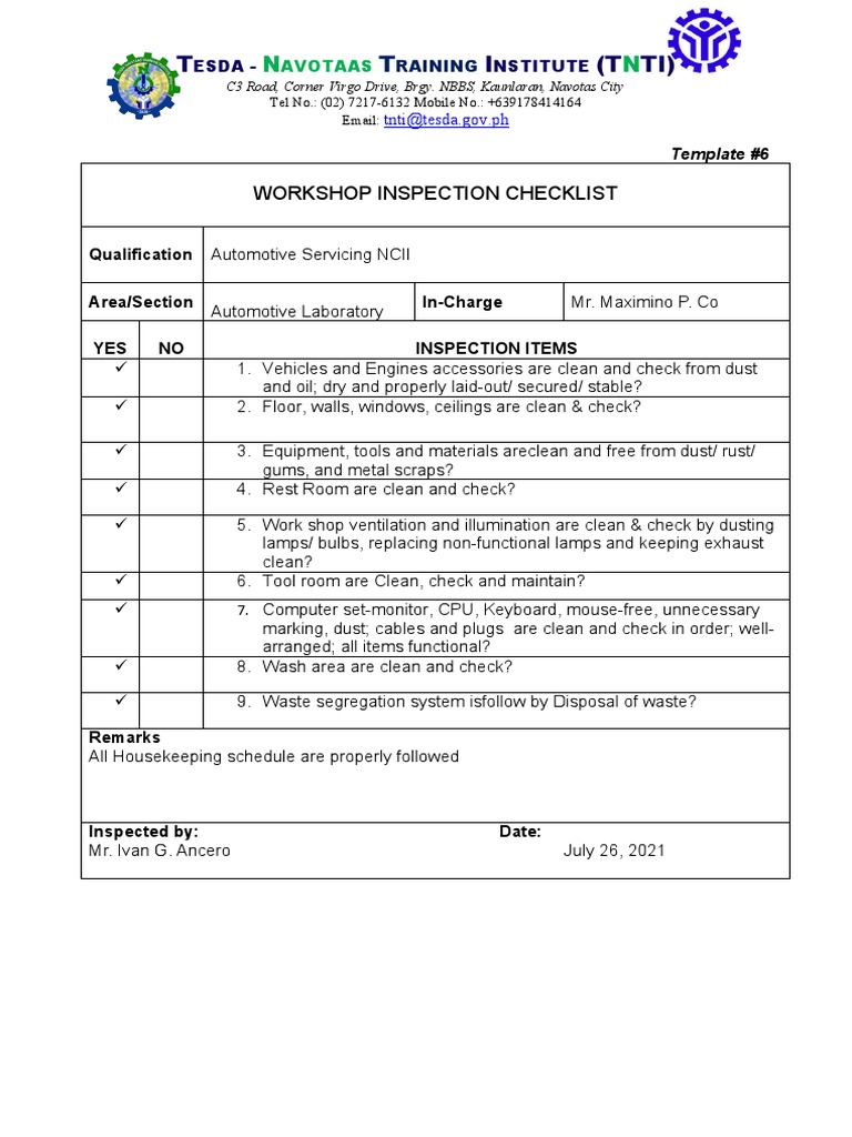 Automotive Workshop Inspection Checklist | PDF