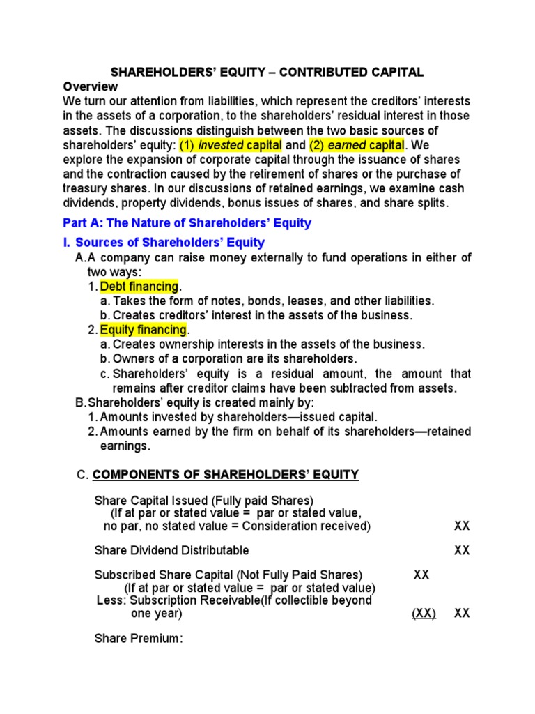 Shareholders' Equity - Contributed Capital: Part A: The Nature of ...