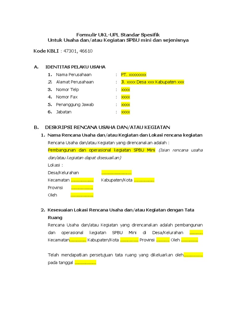 Template Formulir UKL-UPL Standar Spesifik SPBU Mini - KLHK | PDF