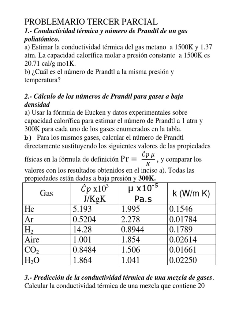 Problemario Tercer Parcial | PDF | Conductividad térmica | Gases
