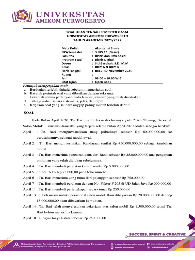 Soal Uts Akuntansi Bisnis SMT Gasal 2021-2022 | PDF