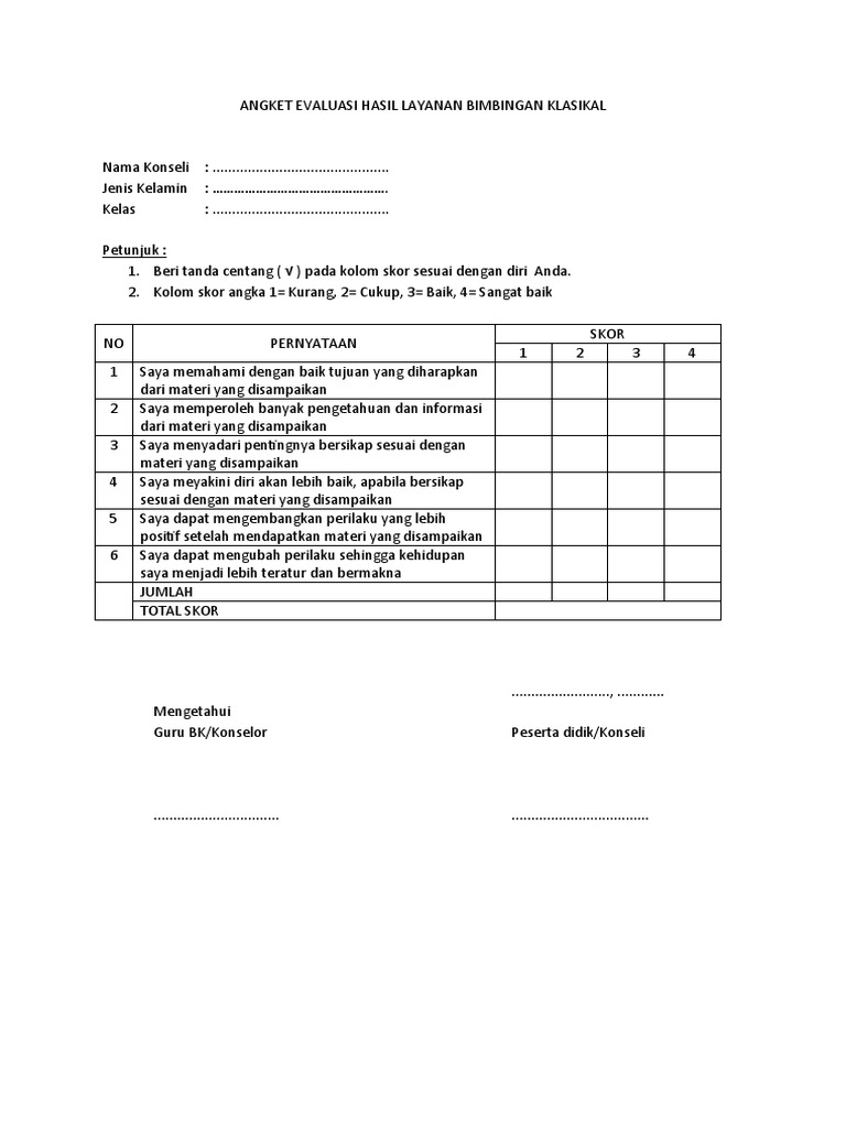 Angket Evaluasi Hasil Bimbingan Klasikal - SMP | PDF