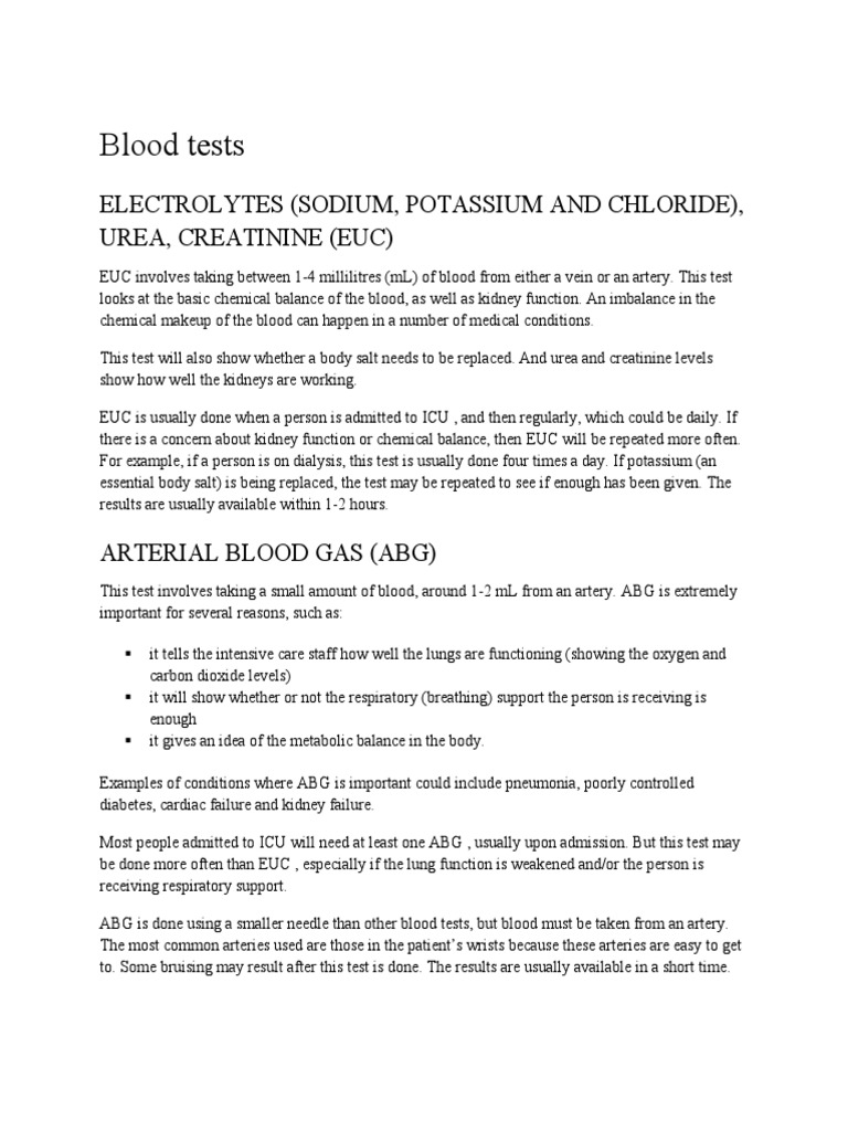 Blood Tests: Electrolytes (Sodium, Potassium and Chloride), Urea ...