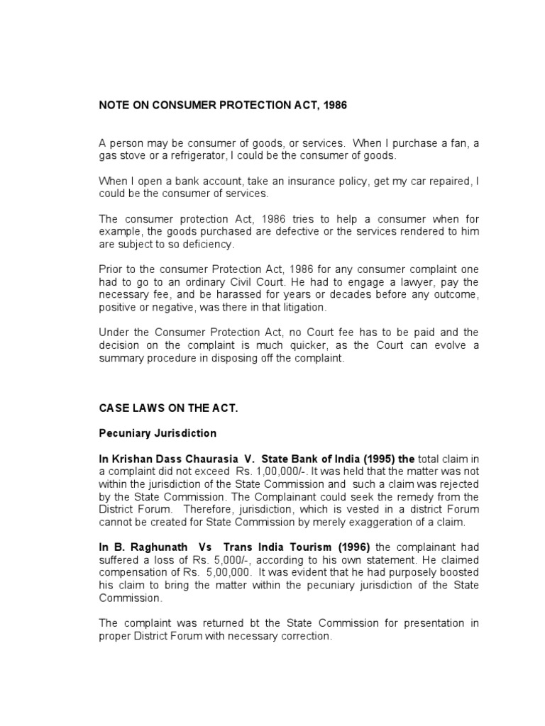 Note On Consumer Protection Act | PDF | Law