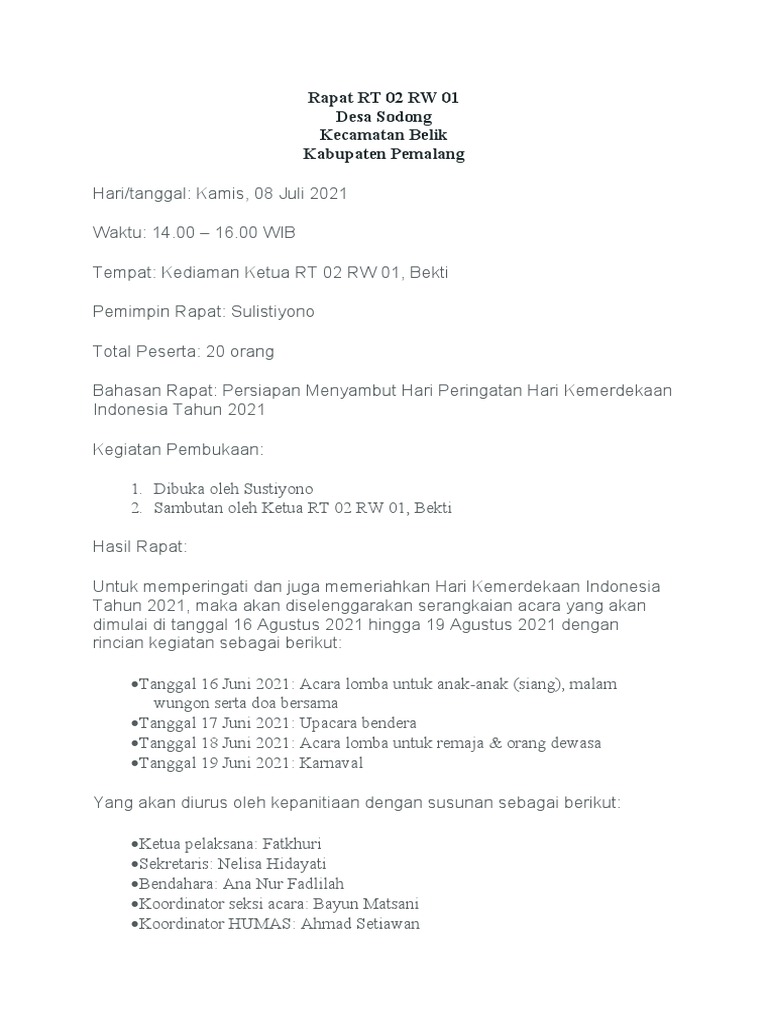 Notulen Rapat RT 02 RW 01 Pemalang | PDF