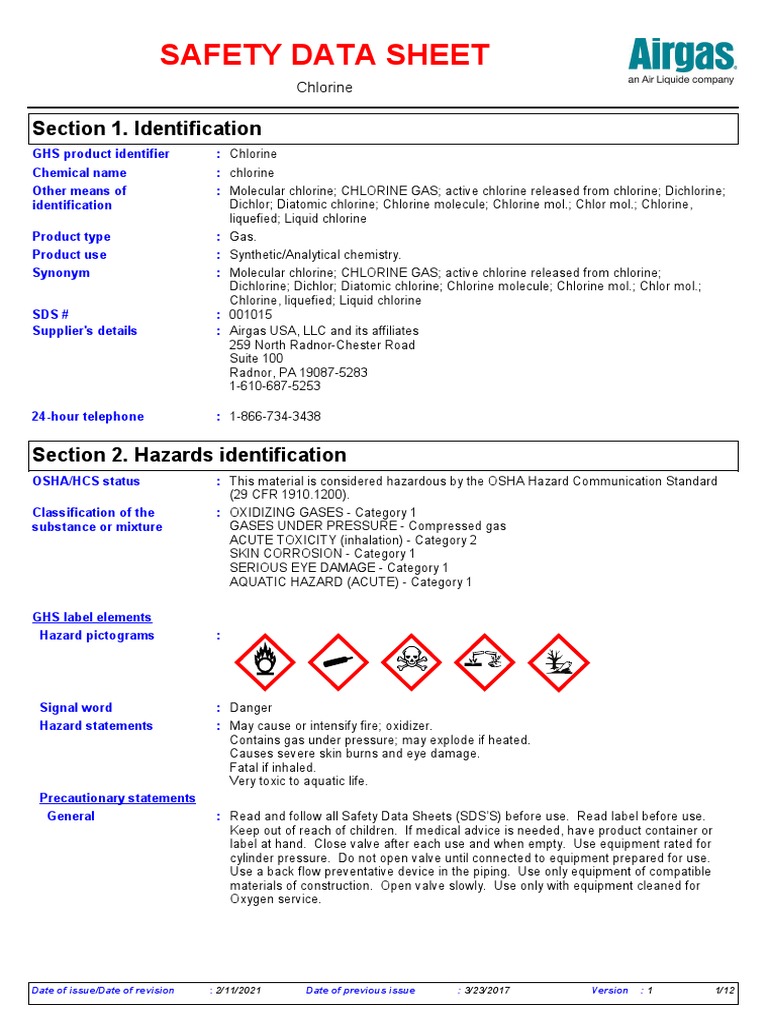 Liquid Chlorine Msds Sheet