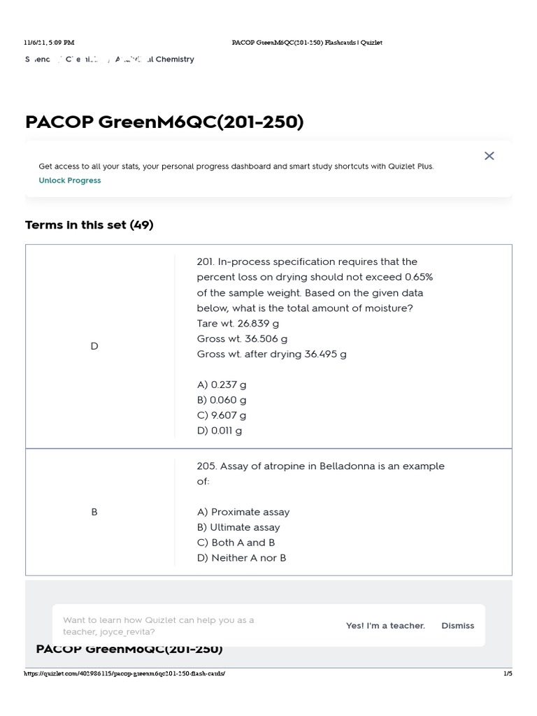 PACOP GreenM6QC (201-250) Flashcards - Quizlet | PDF | Materials ...