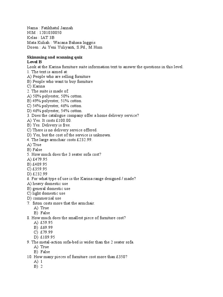 Skimming and Scanning Quiz Level B | PDF | Phobia | Psychotherapy