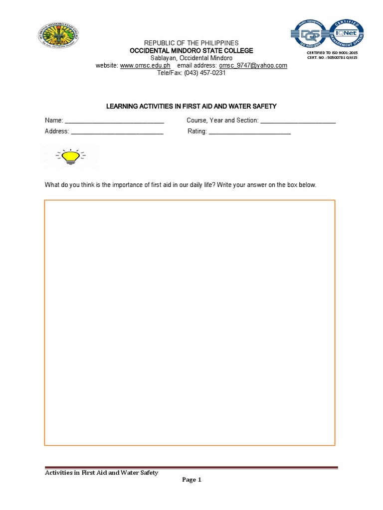Learning Activities on First Aid and Water Safety: An Assessment of ...