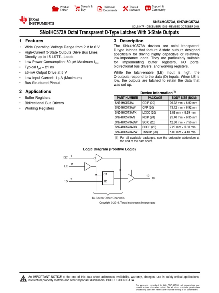 Snx4Hc573A Octal Transparent D-Type Latches With 3-State Outputs | PDF ...