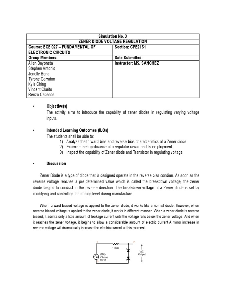 Simulation Activity 3 Zener Diode Voltage Regulation G1 | PDF | Diode ...