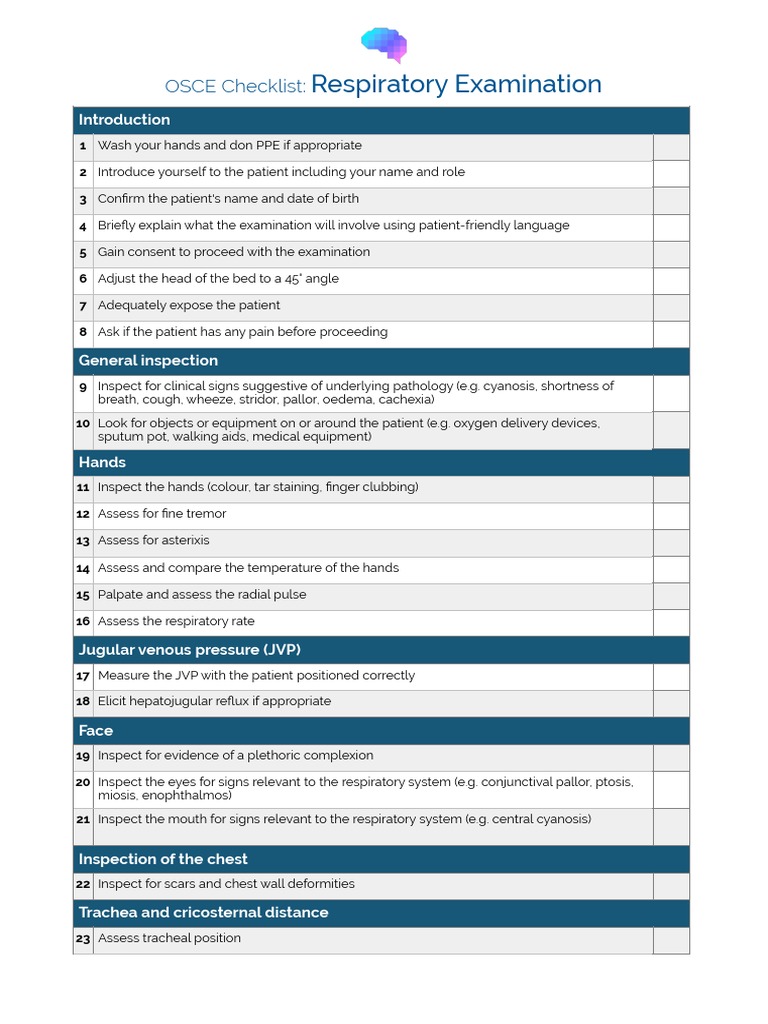 OSCE Checklist Respiratory Examination | PDF | Respiratory System | Thorax OSCE Checklist Respiratory Examination | PDF | Respiratory System | Thorax