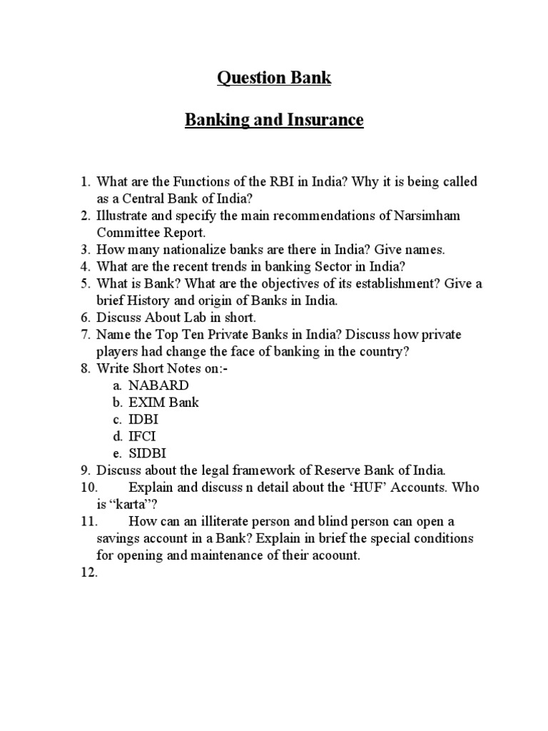 Banking and Insurance Question Bank | PDF