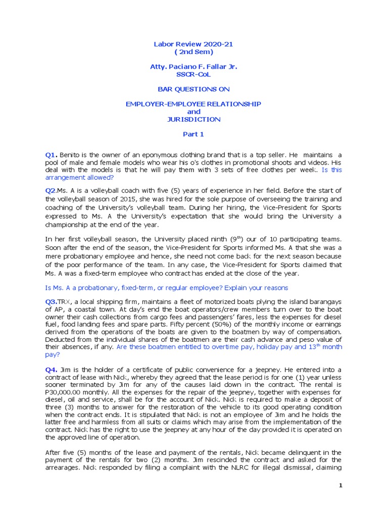 Labor Review 2020-21 (2nd Sem) Atty. Paciano F. Fallar Jr. Sscr-Col Bar ...