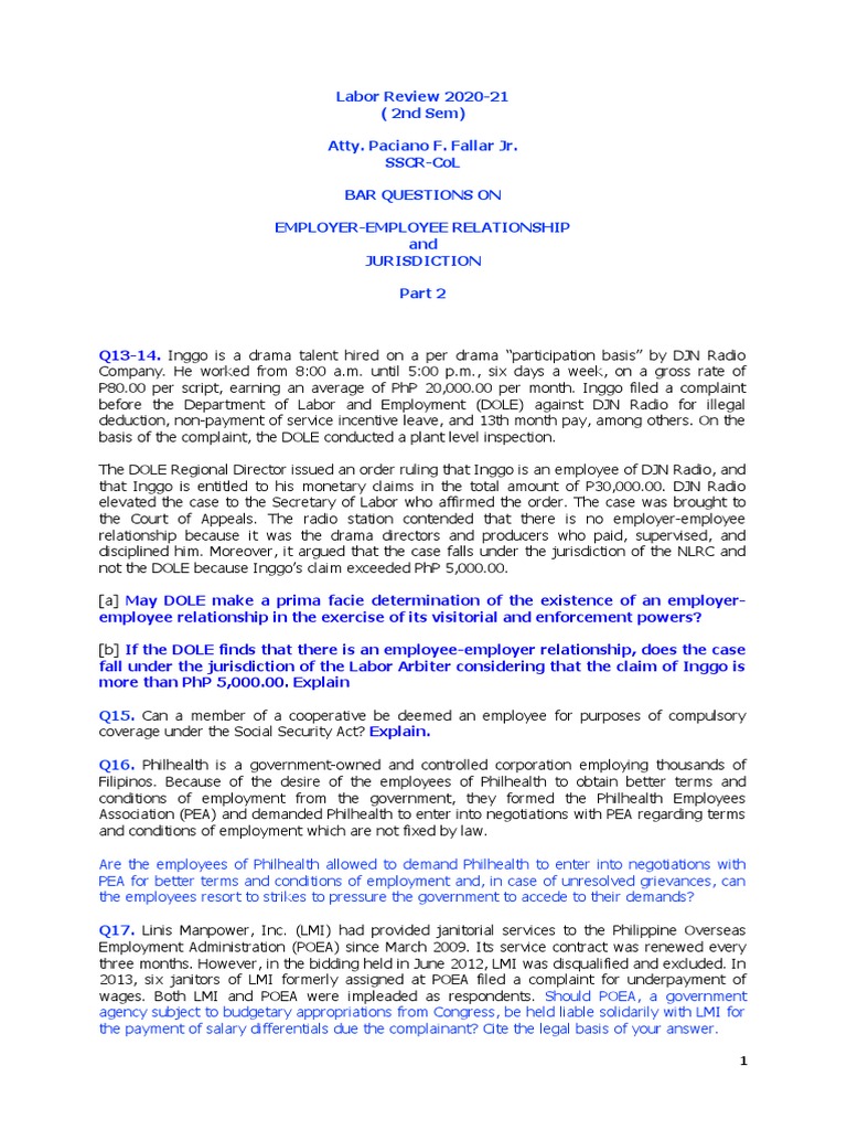 Labor Review 2020-21 (2nd Sem) Atty. Paciano F. Fallar Jr. Sscr-Col Bar ...