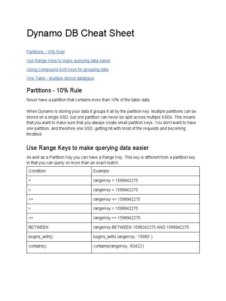 Dynamo DB Cheat Sheet: Partitions - 10% Rule | PDF | Collation | Data Type