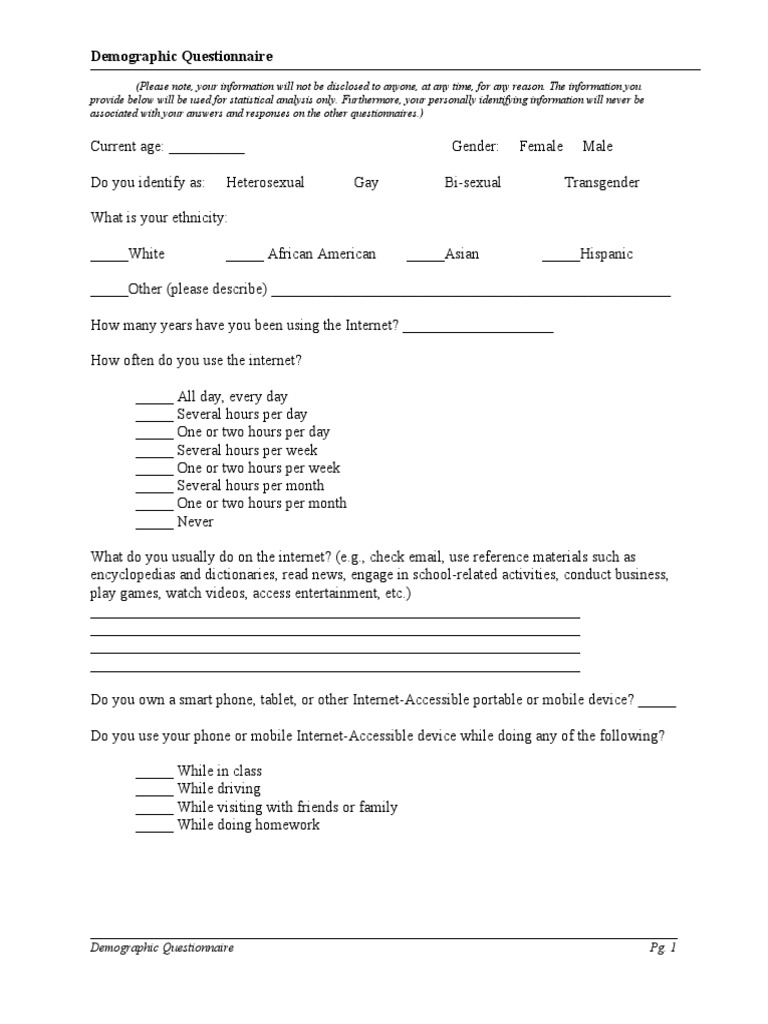 Demographic Questionnaire Pg. 1 | PDF | Internet | Gender