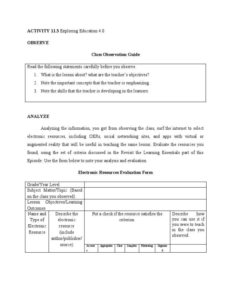 ACTIVITY 11.3 Exploring Education 4.0 Observe Class Observation Guide | PDF