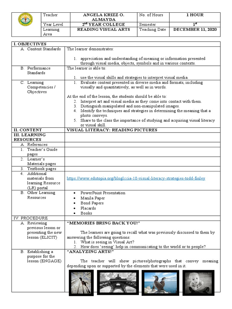 Visual Literacy Lesson Plan for College | PDF | Learning | Literacy