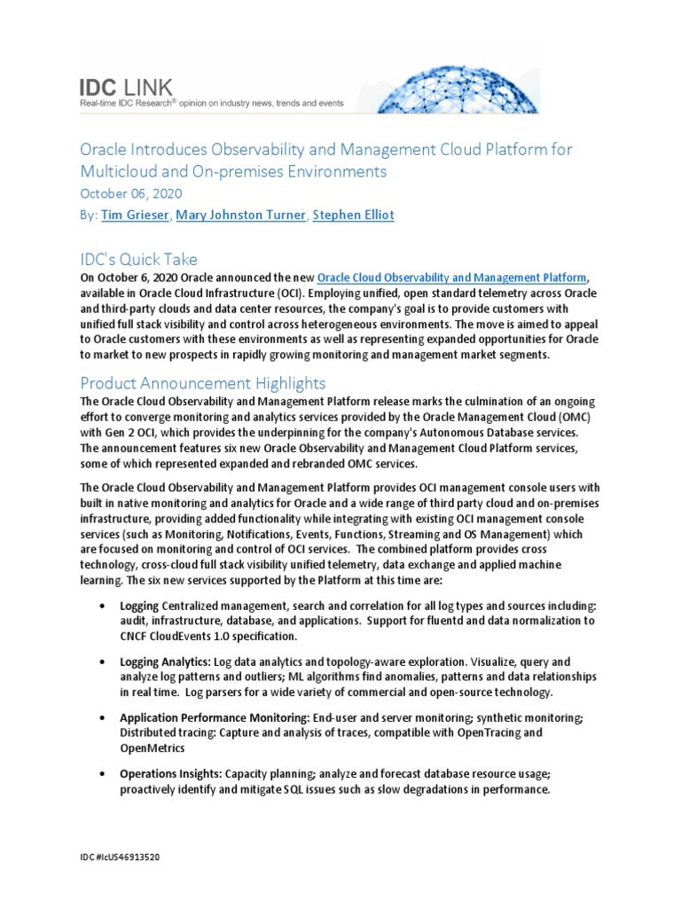 Idc Oracle Observability MGMT Platform | PDF | Cloud Computing | Analytics