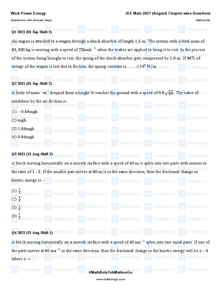 Work Power Energy Jee Main 2021 August Chapter Wise Mathongo Pdf 3606