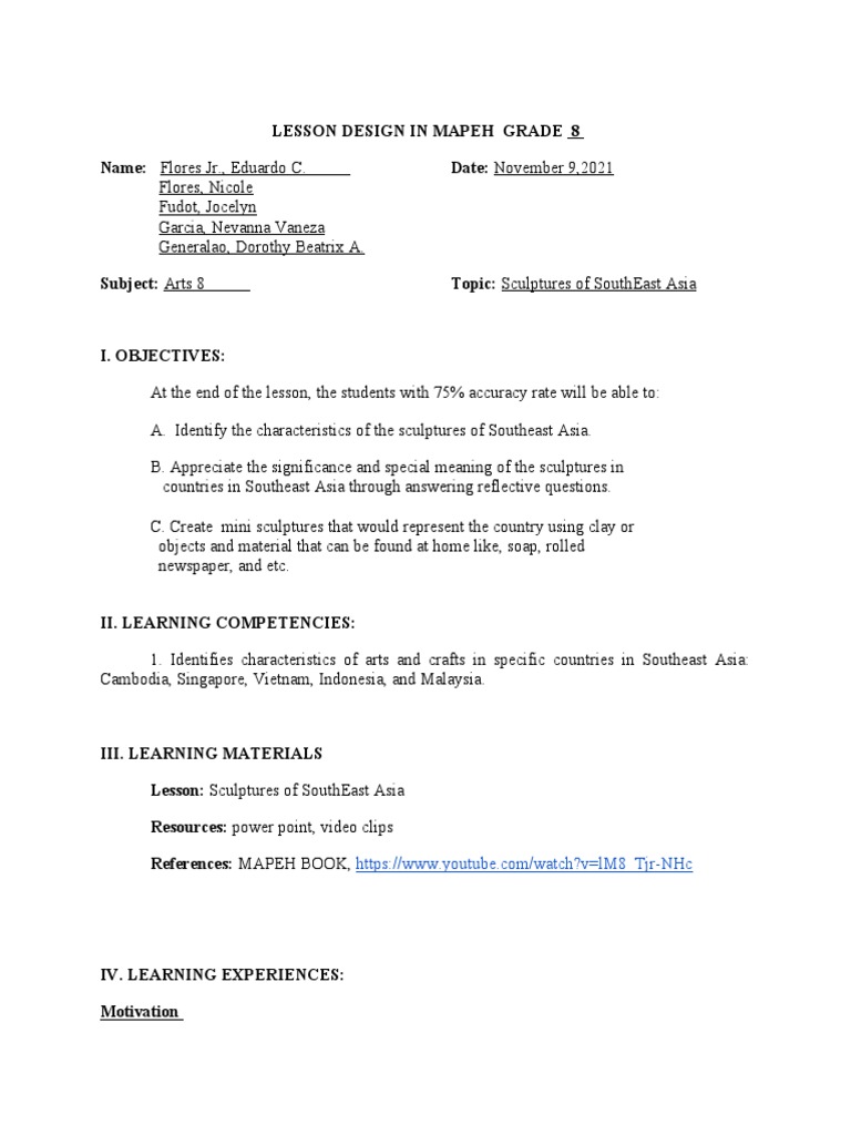 Lesson Design in Mapeh Grade 8 | PDF | Sculpture