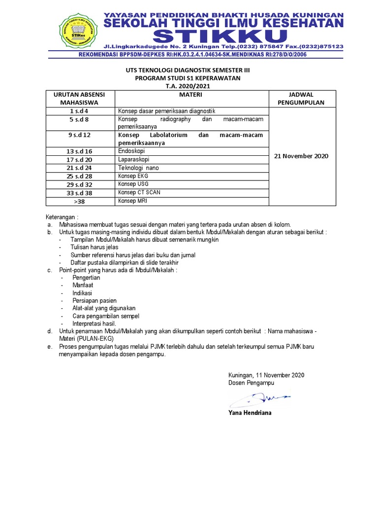 Uts Teknologi Diagnostik Semester Iii Program Studi S1 Keperawatan T.A ...