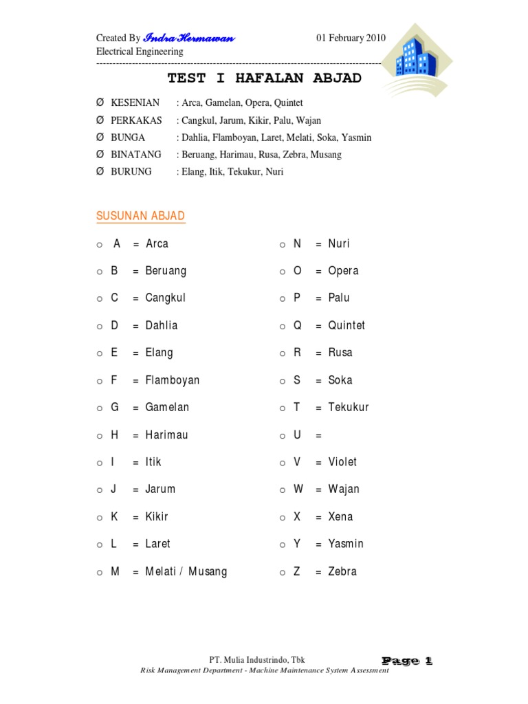 Test I Hafalan Abjad: Indra Hermawan | PDF