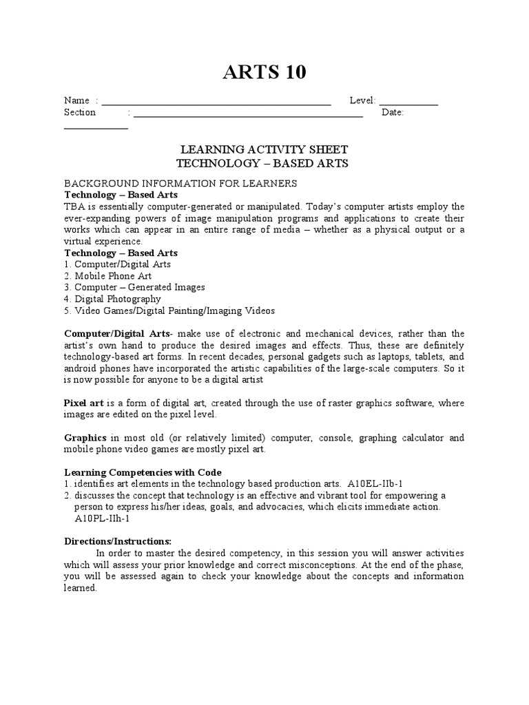Arts 10: Learning Activity Sheet Technology - Based Arts | PDF ...